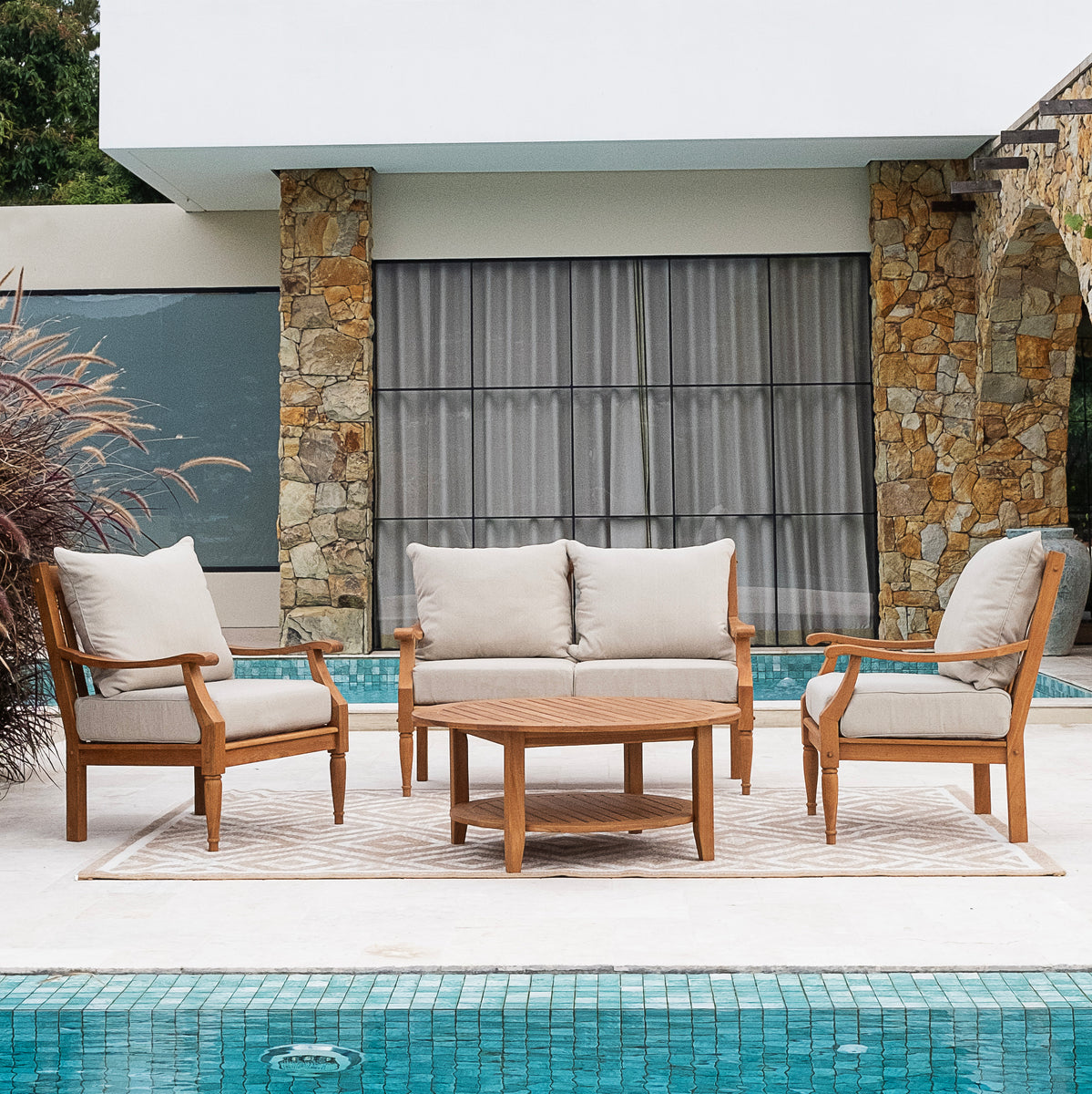 Livingston Teak Wood 4-Pieces Patio Conversation Set with Beige Cushion ...