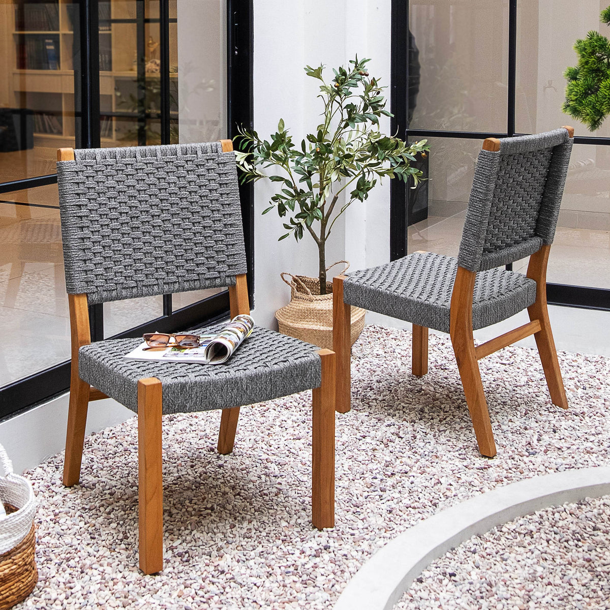 Eden Teak Wood 4-Piece Outdoor Dining Set with Gray Polyrope ...