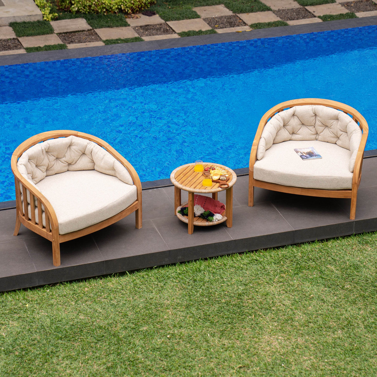 Bernese Teak Wood Outdoor Lounge Chair with Tan Cushion | Patio ...