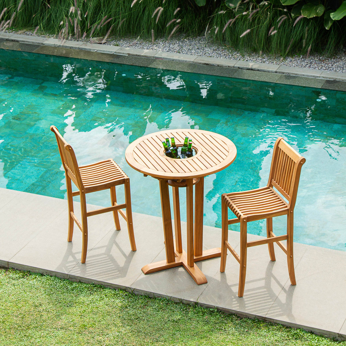 Mosko Teak Wood 3-Pieces Outdoor Bar Dining Set | Cambridge Casual