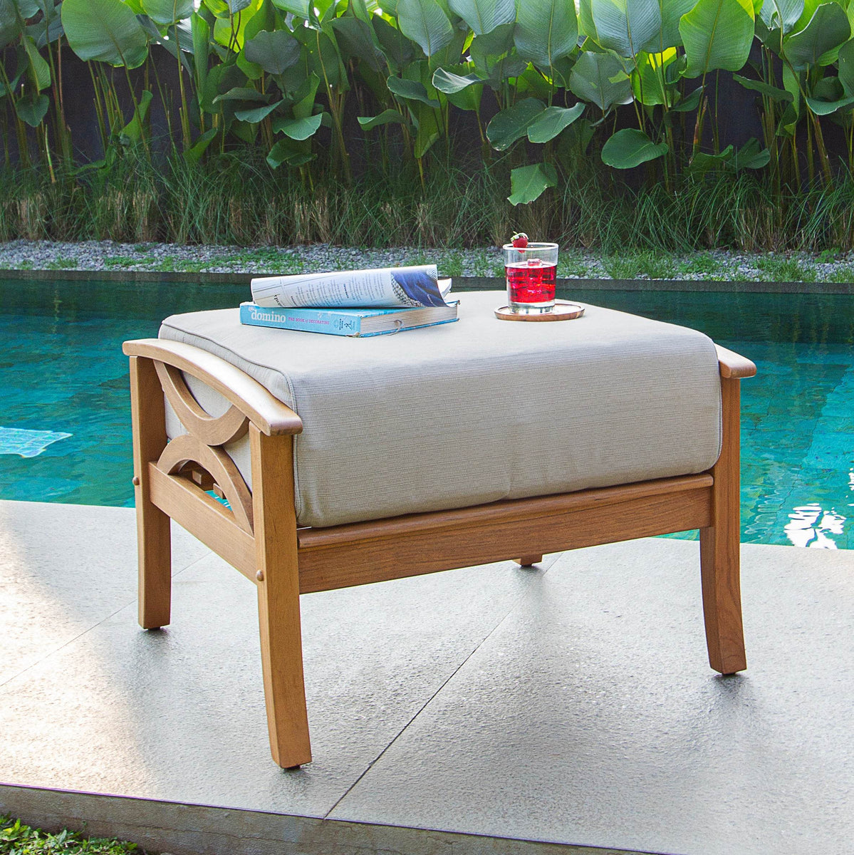 Abbington Teak Wood Outdoor Lounge Chair with Ottoman Beige Cushion ...