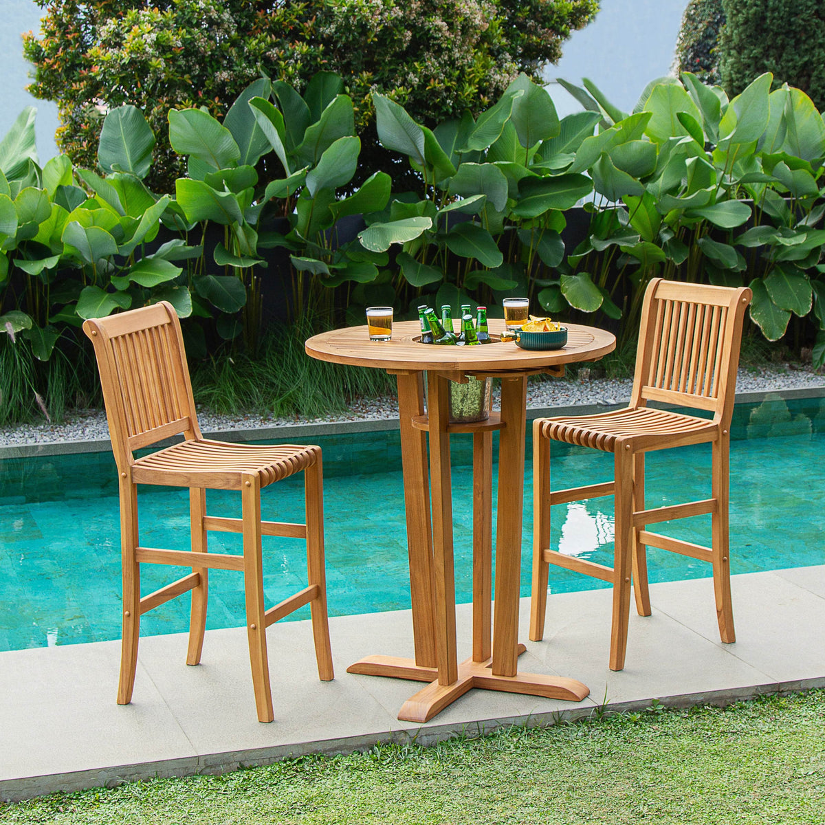 Mosko Teak Wood 3-Pieces Outdoor Bar Dining Set | Cambridge Casual
