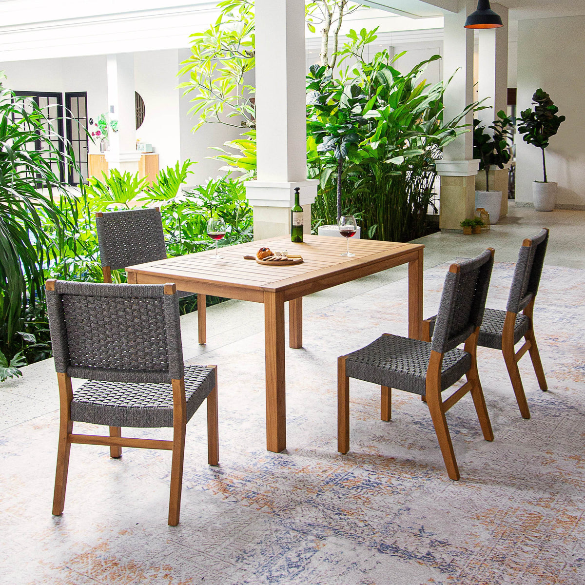 Eden Teak Wood 5-Piece Outdoor Dining Set Gray Polyrope – Cambridge Casual