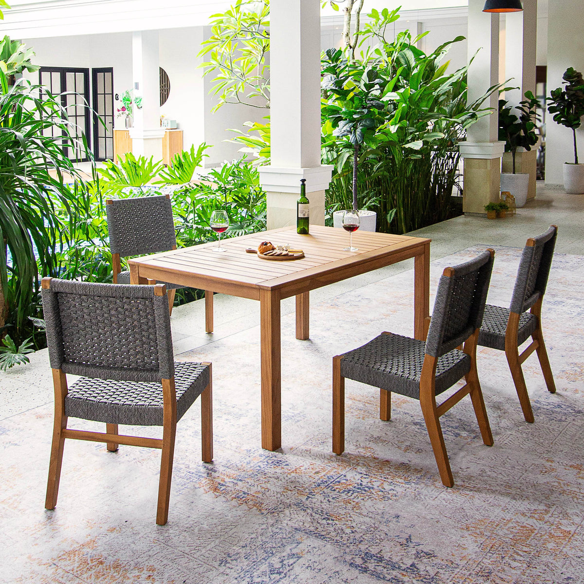 Eden Teak Wood 5-Piece Outdoor Dining Set Gray Polyrope – Cambridge Casual