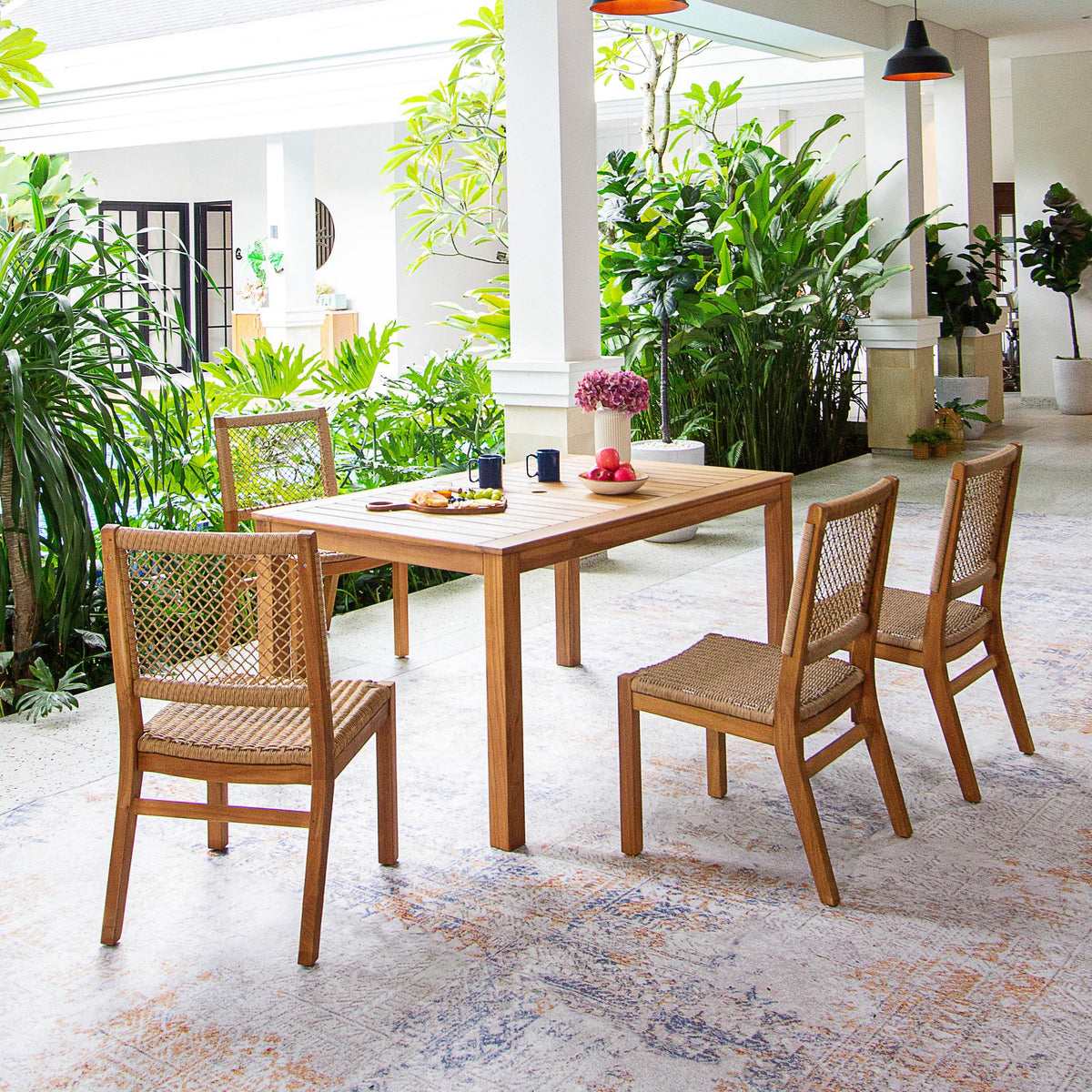 Carmel 5-Piece Teak Wood Outdoor Dining Set with Honey Twist Wicker ...