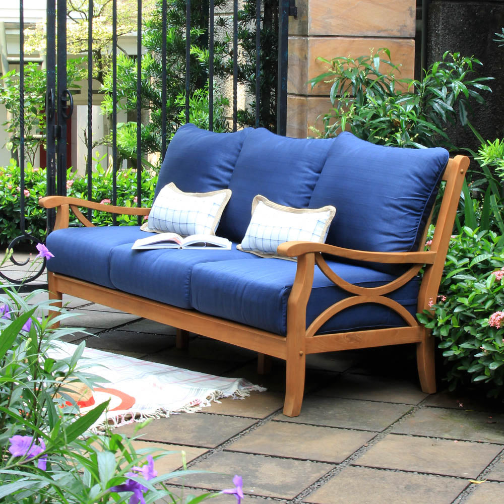 Abbington Teak Wood Patio Sofa with Navy Cushion | Patio Furniture ...