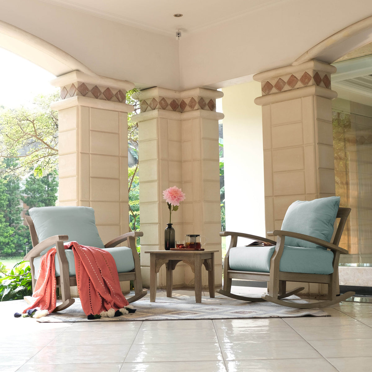 Caterina Teak Wood Outdoor Rocking Chair Blue Spruce Cushion ...