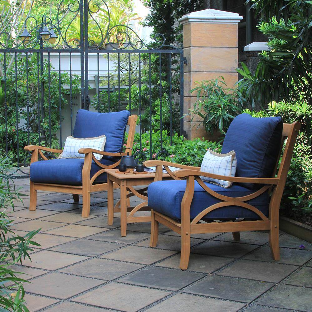 Abbington Oudoor Teak Wood 3-Piece Conversation Set Navy Cushion ...